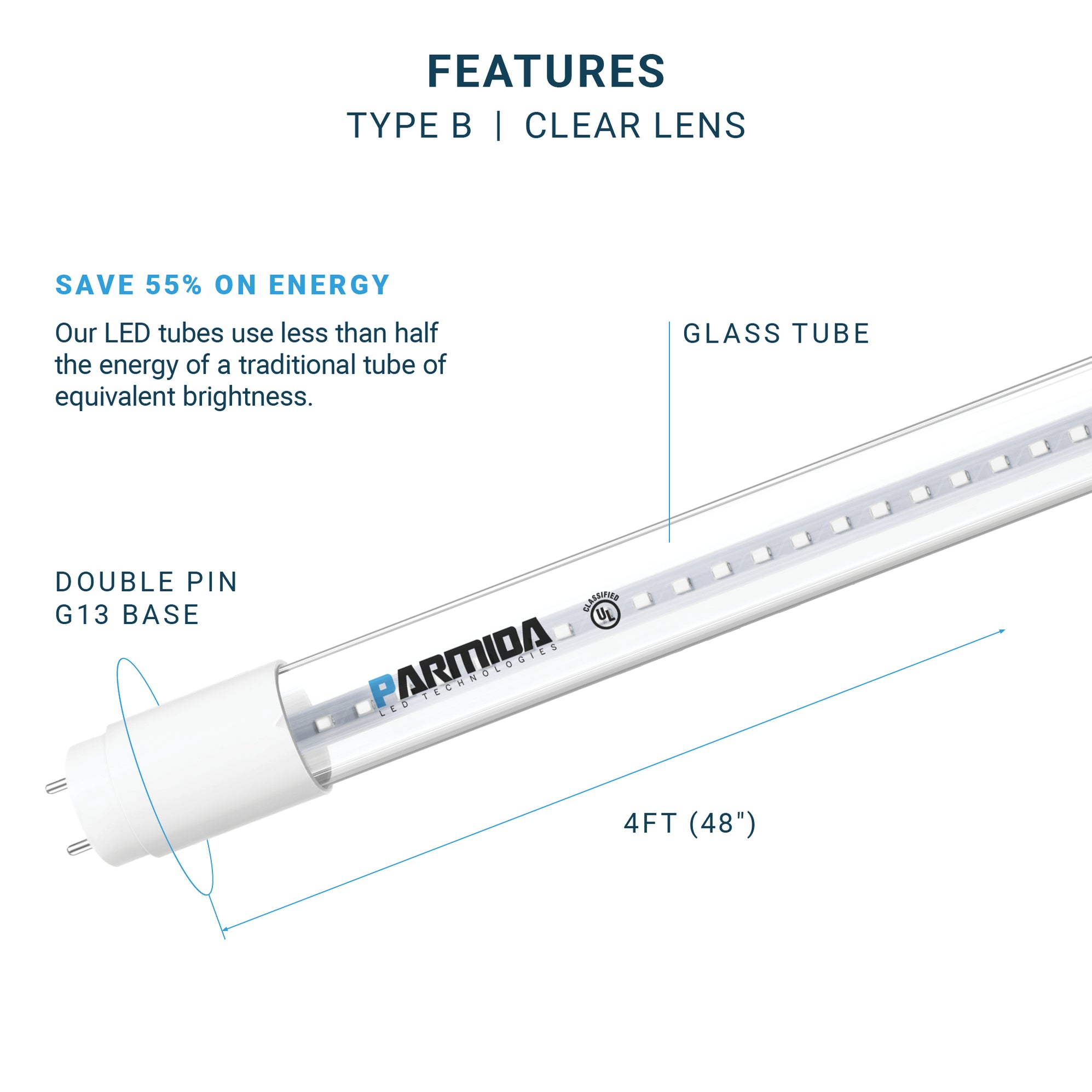 4ft T8 Tube - Clear Lens - 18W | Commercial Lighting | Parmida LED ...