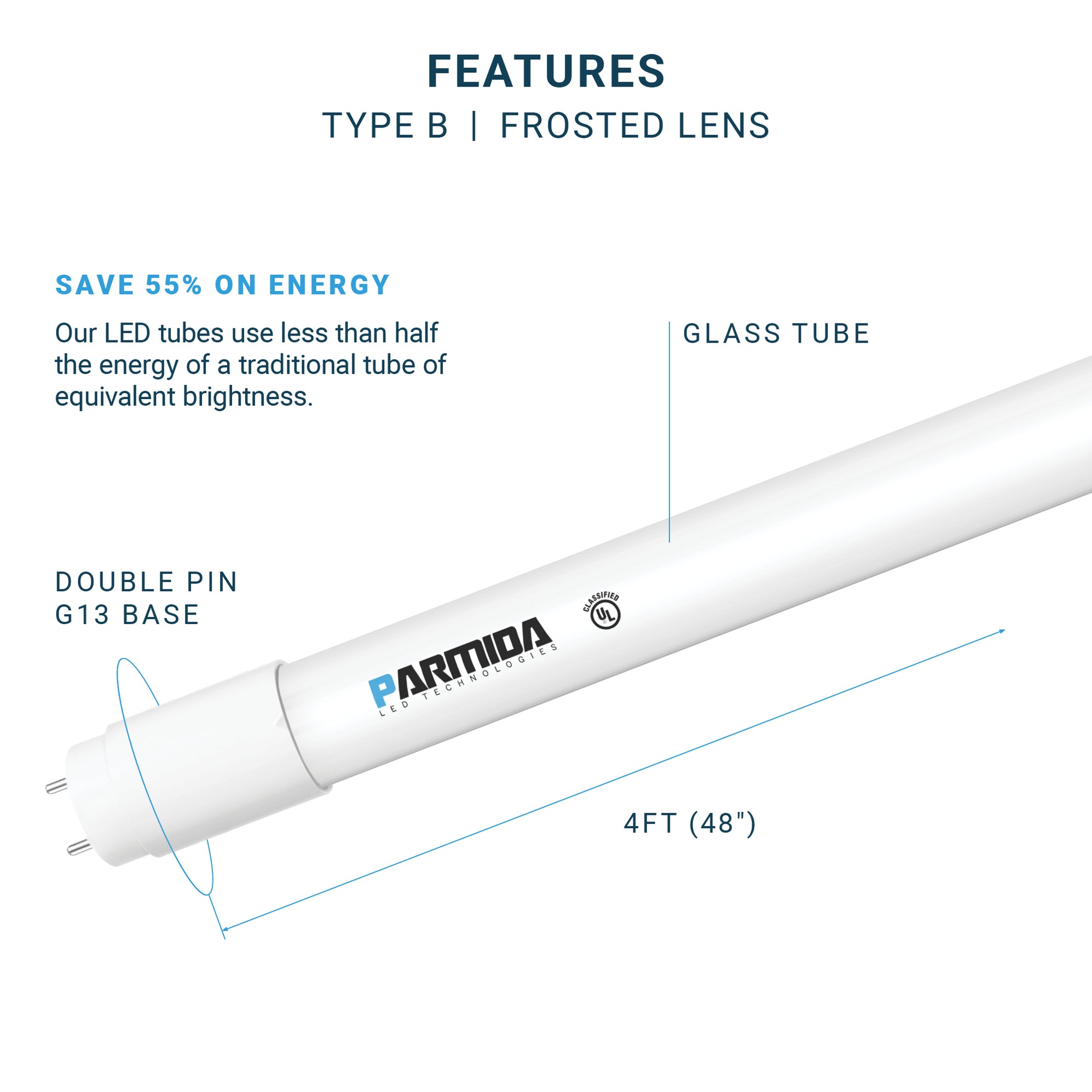 4ft T8 Tube - Frosted Lens - 18W | Commercial Lighting | Parmida LED ...