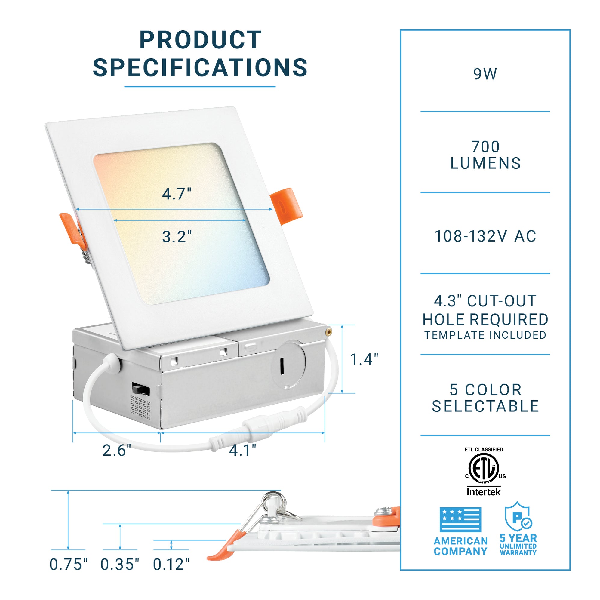 5CCT - 4" LED Square Recessed Ceiling Slim Panel Light with Junction B ...