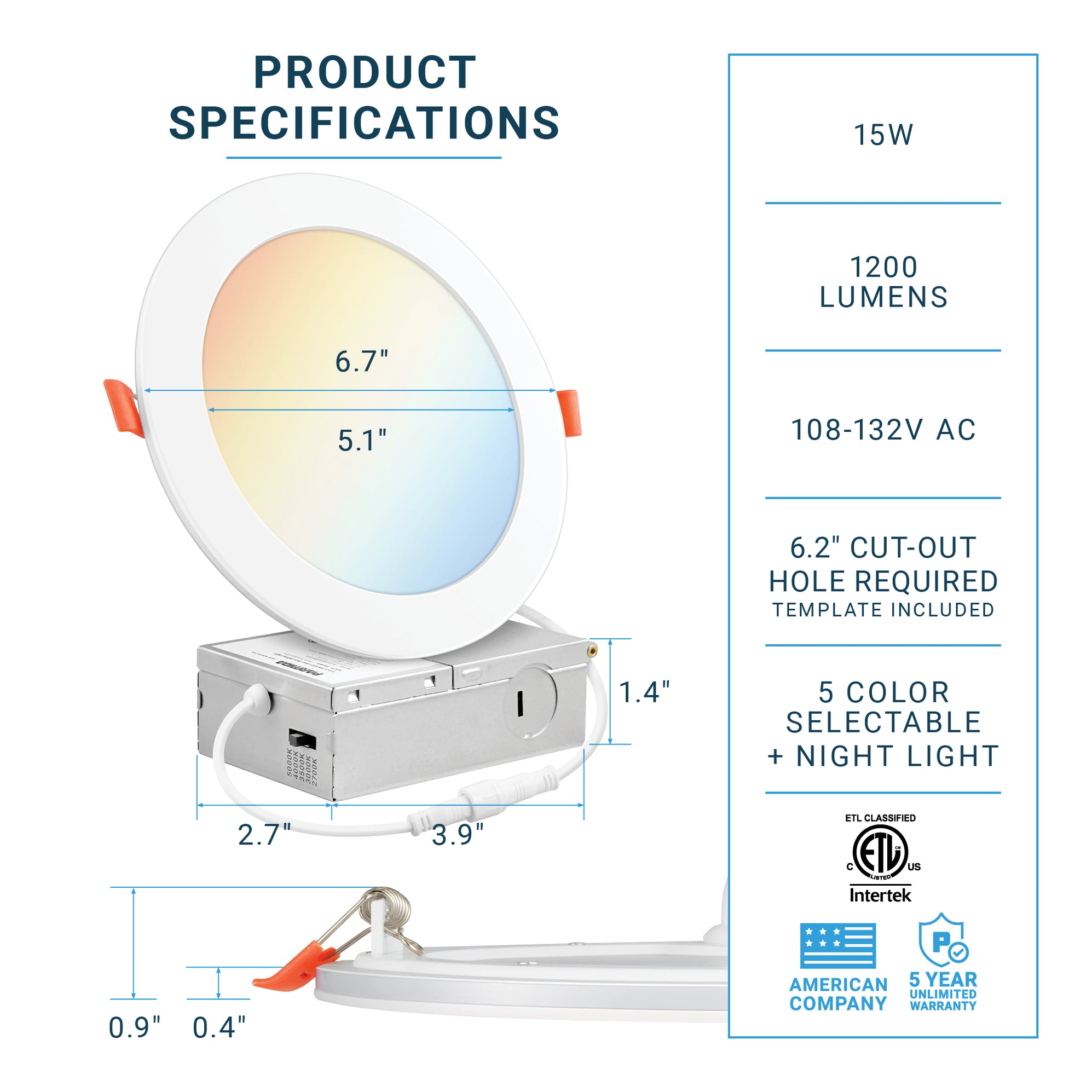 5CCT - 6" LED Recessed Ceiling Slim Panel Light with Night Light Featu ...