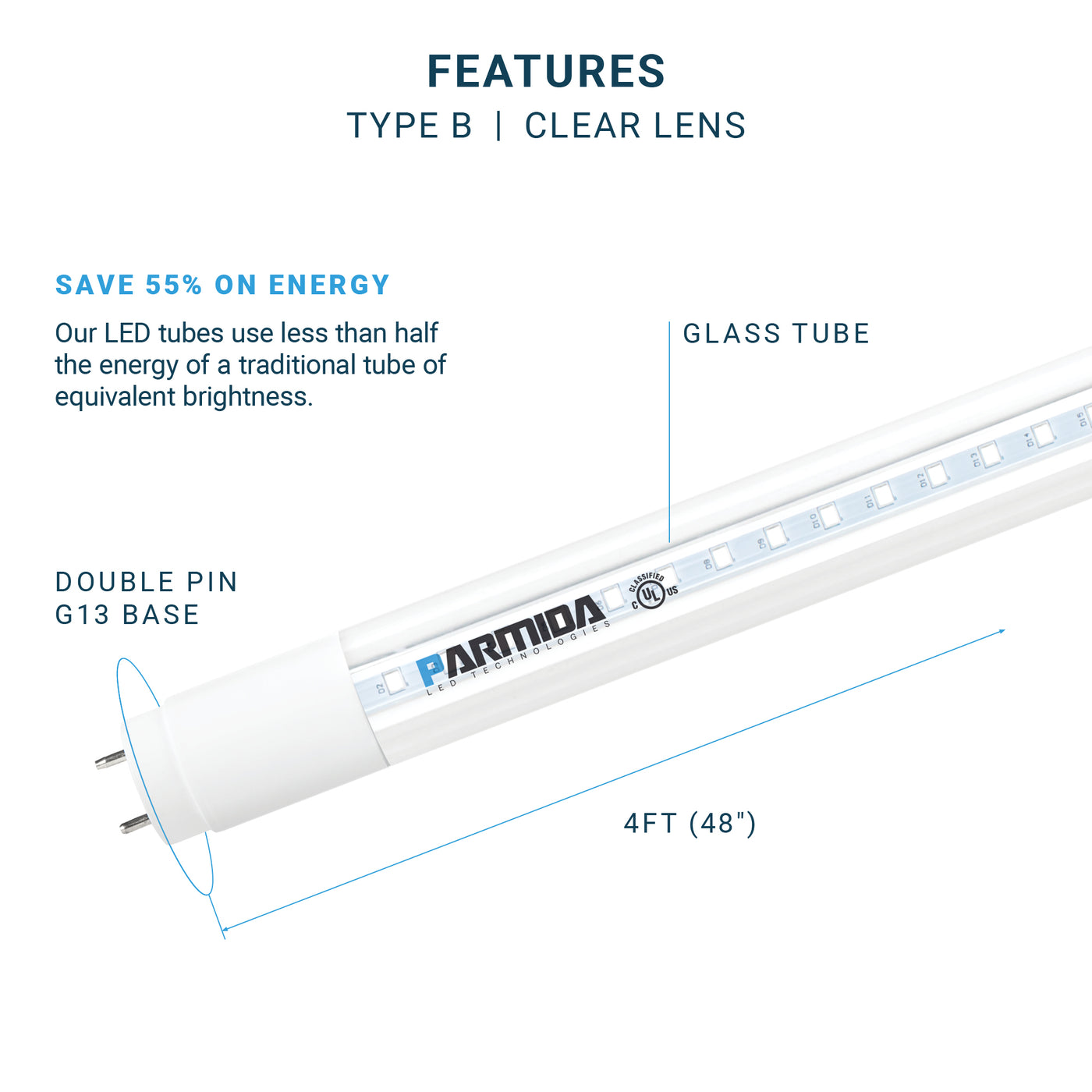 4FT LED T8 Tube - Ballast Bypass - Type B Installation - Clear Lens ...